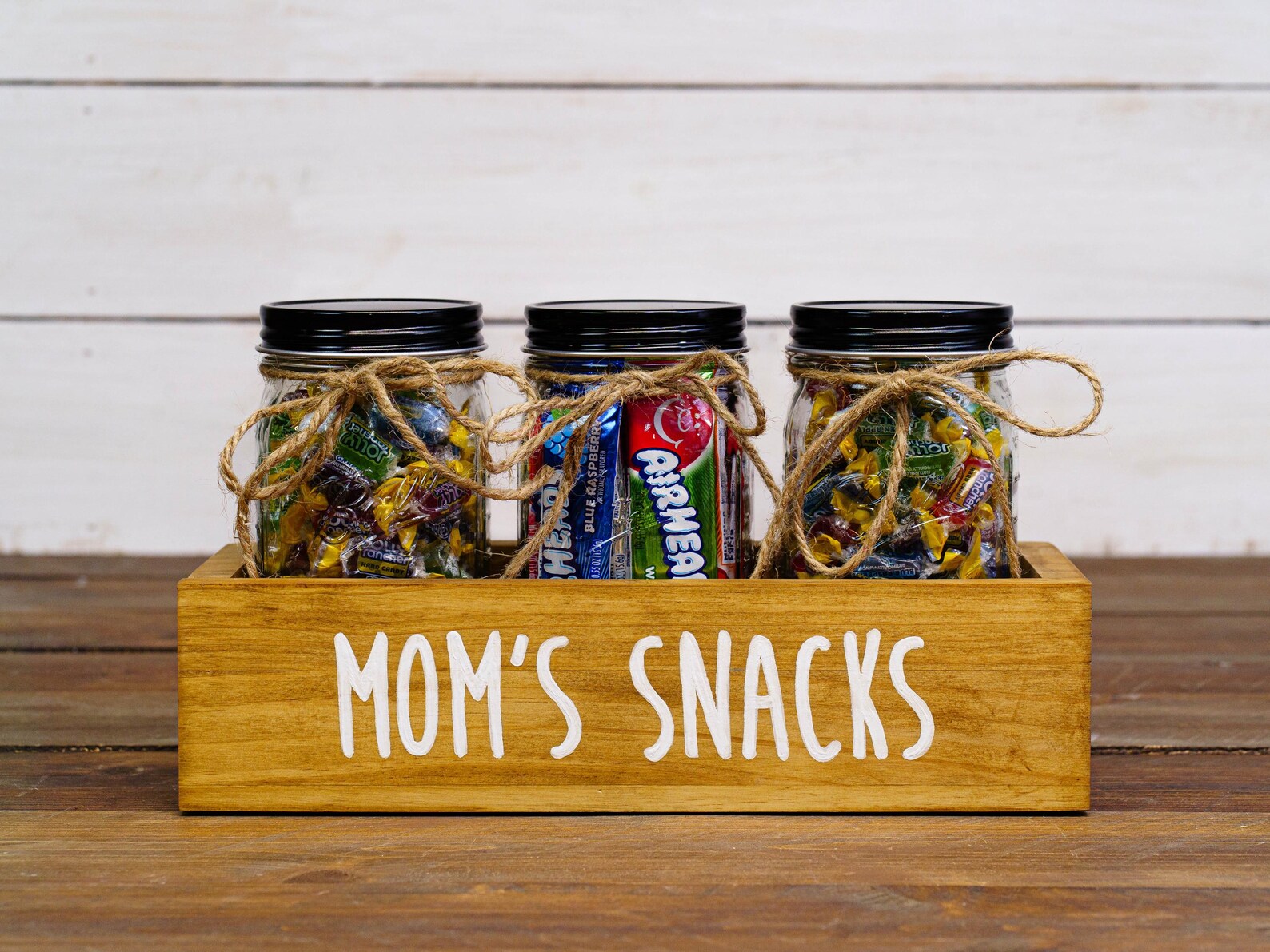 Cute "mom's Snacks" Wooden Candy Bar Box W/ Mason Jars for Candy ...