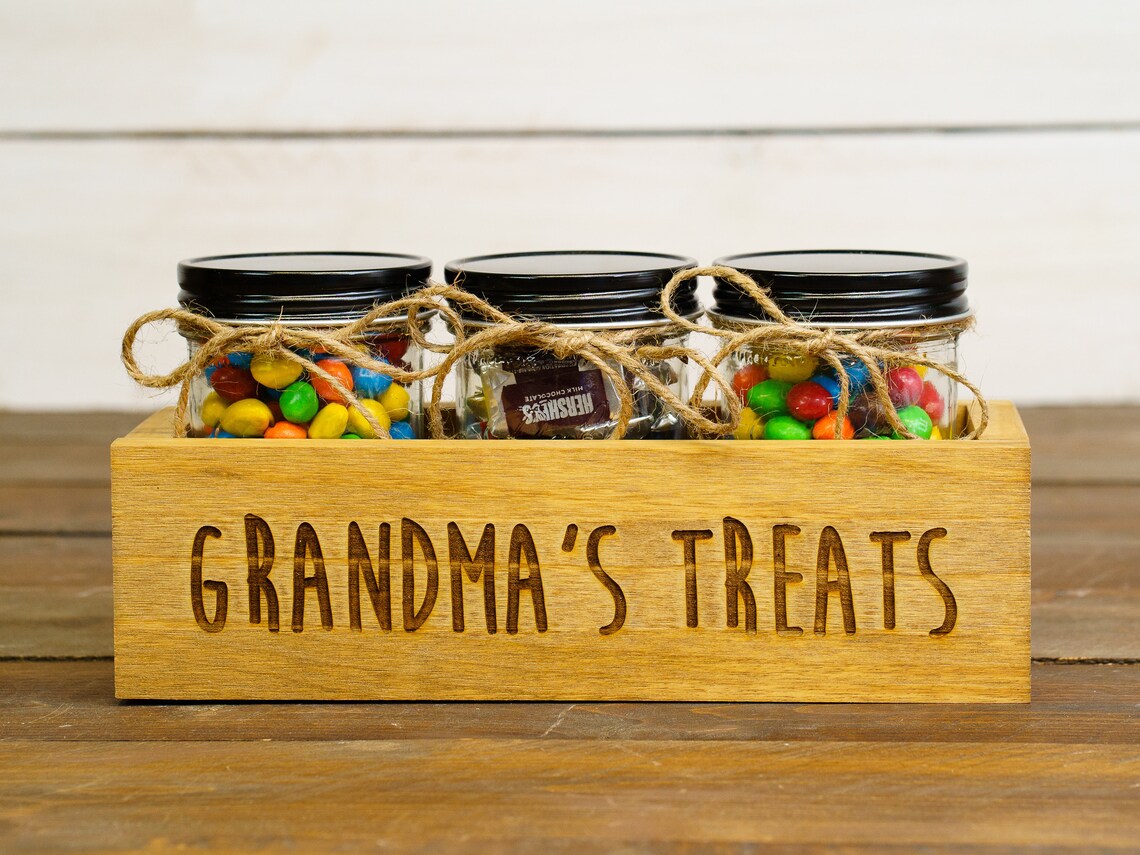 Engraved "grandma's Treats" Wooden Candy Bar Box W/ Pint Mason Jars for ...