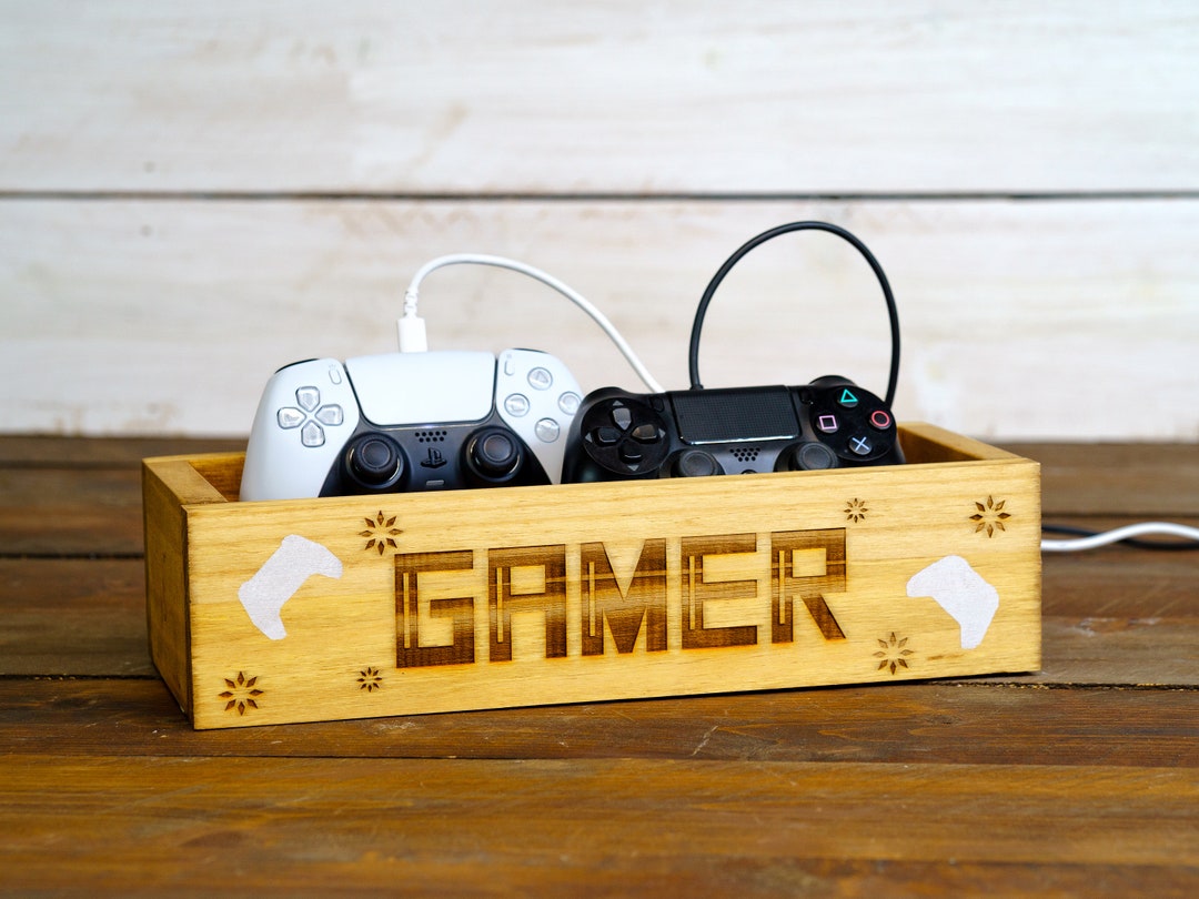 Engraved Gamer Wooden Charging Box With Painted Game Controllers, Holds ...