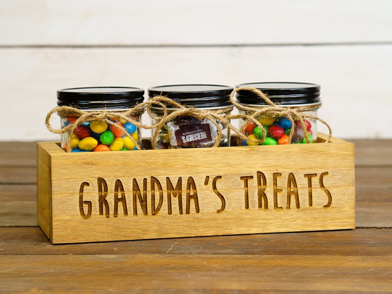 Engraved "grandma's Treats" Wooden Candy Bar Box W/ Pint Mason Jars for ...