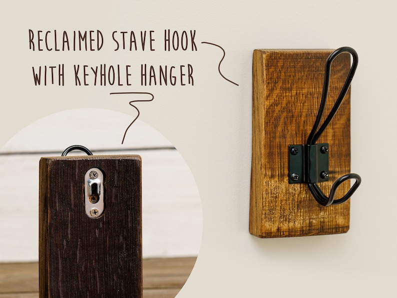 Reclaimed Barrel Stave Hook With Keyhole Hanger, Easy Install, Rustic ...