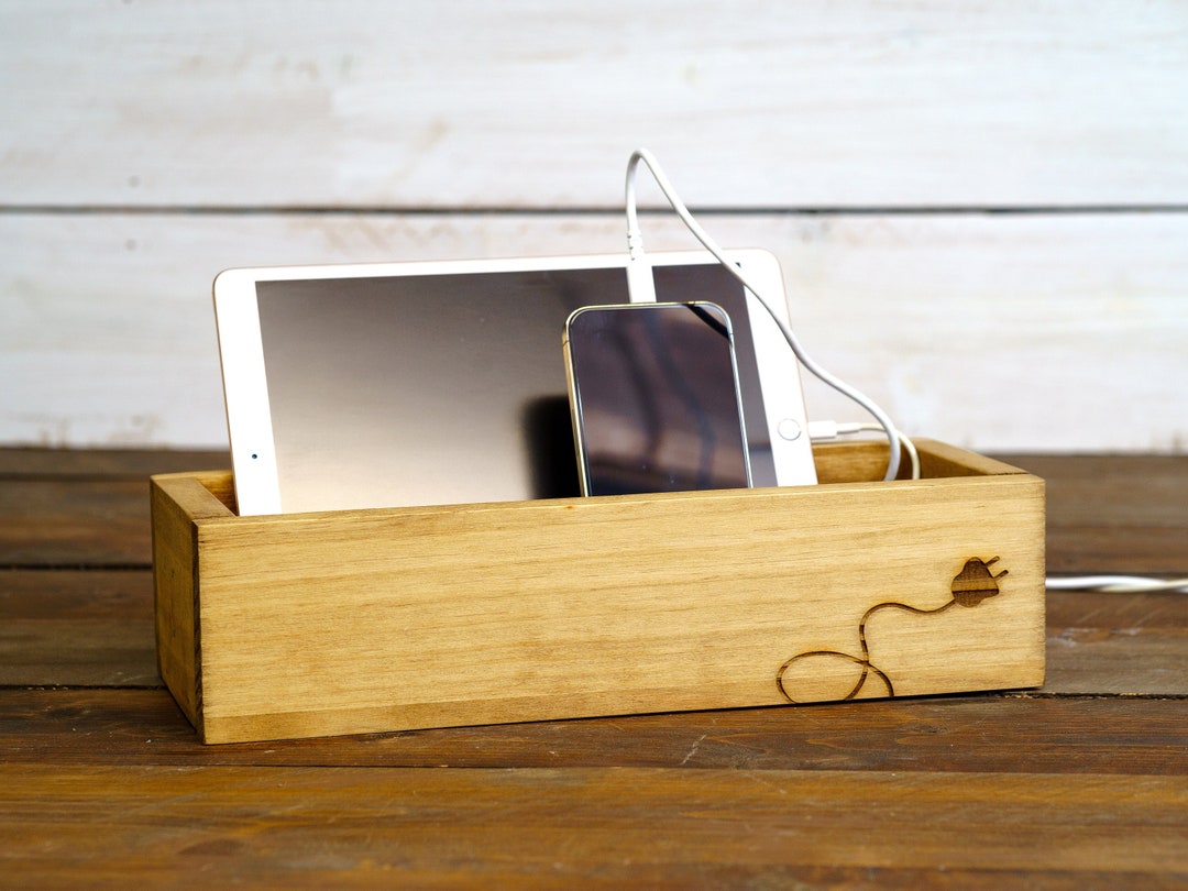Wooden Phone Charging Unplug Box With Engraved Cord, Holds Kindle ...