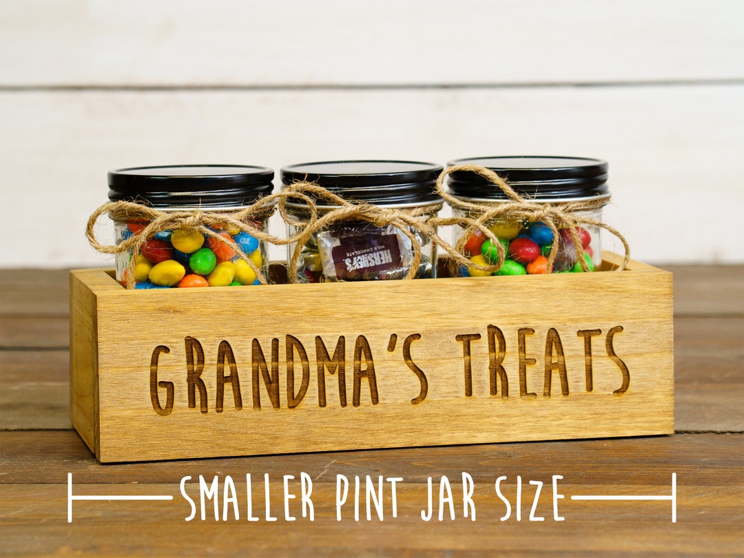 Engraved "grandma's Treats" Wooden Candy Bar Box W/ Pint Mason Jars for ...