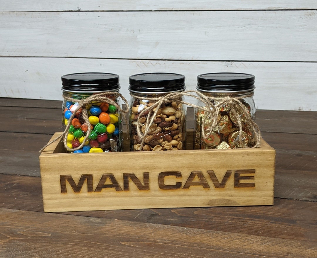 Engraved "man Cave" Fun Wooden Candy Bar Box W/ Mason Jars - Candy ...