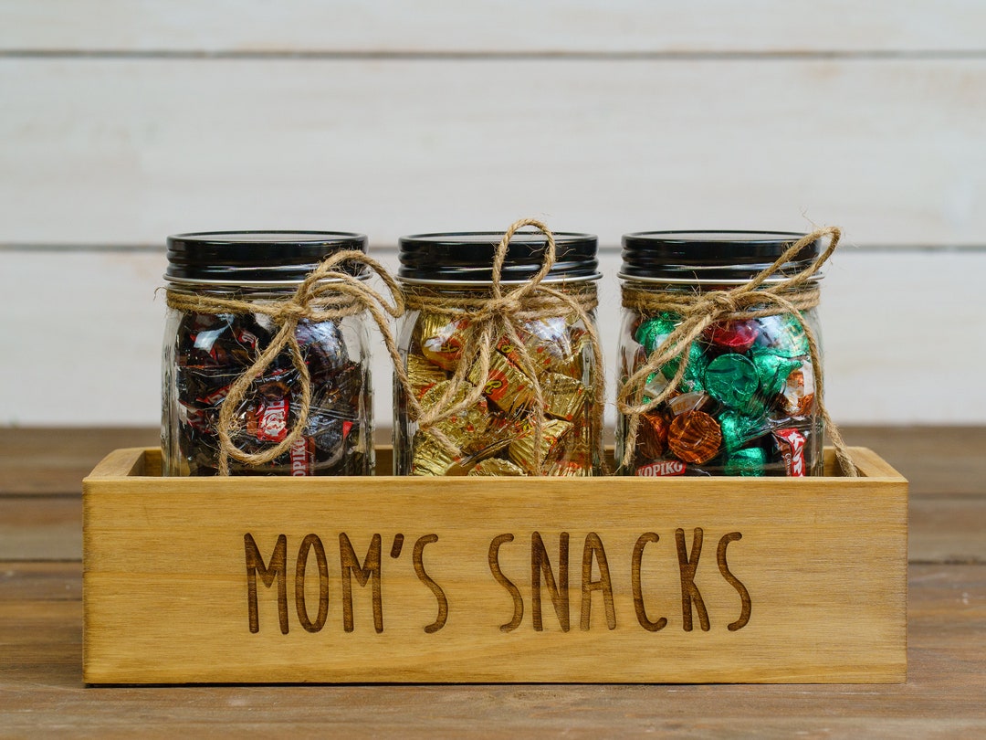 Engraved "mom's Snacks" Wooden Candy Bar Box W/ Mason Jars for Candy ...