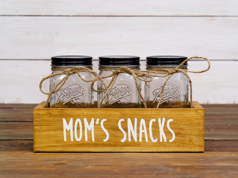 Cute "mom's Snacks" Wooden Candy Bar Box W/ Mason Jars for Candy ...