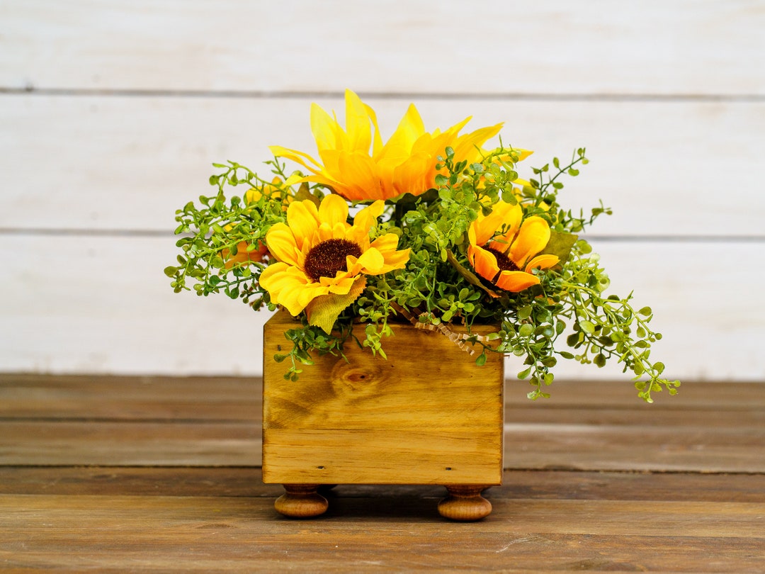 Wood Sunflower Explosion Box With Flower + Greenery Arrangement and ...