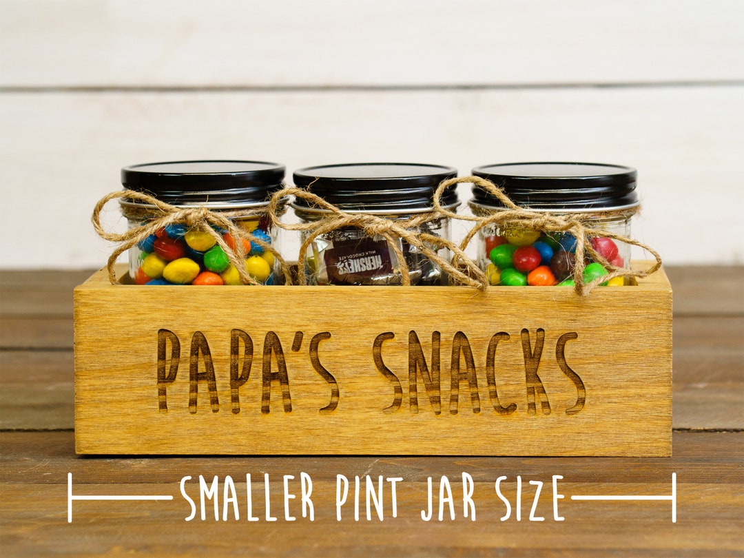 Engraved "papa's Snacks" Wooden Candy Bar Box W/ Pint Mason Short Jars ...