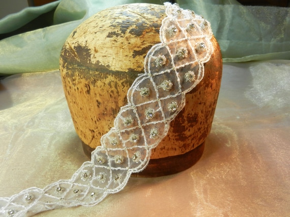 White Net Lace Band With Crystal Rhinestones Silver Beads and | Etsy