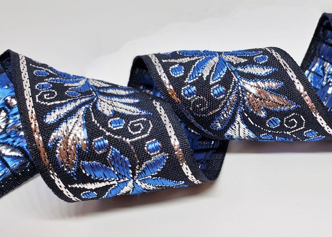 Metallic Silver 1 1/2" Trim With Blue Jacobean Flowers on a Midnight ...