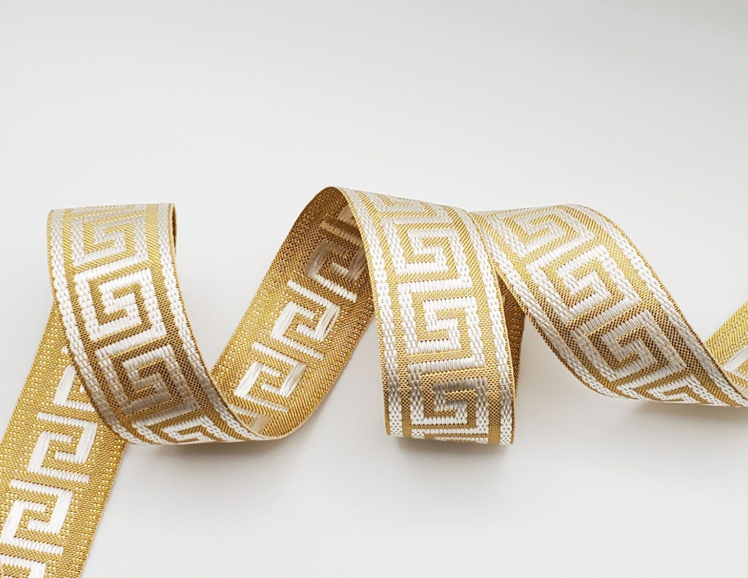 Metallic Greek Key Jacquard Ribbon Tape Trim in Gold and Cream ...