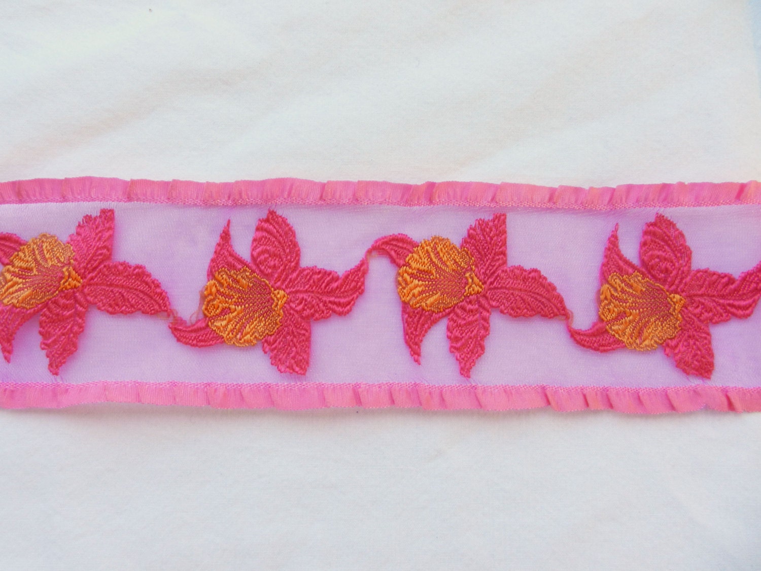Pink Ribbon 2 1/4 Wide Ruffle Floral Embroidered Organza - Etsy