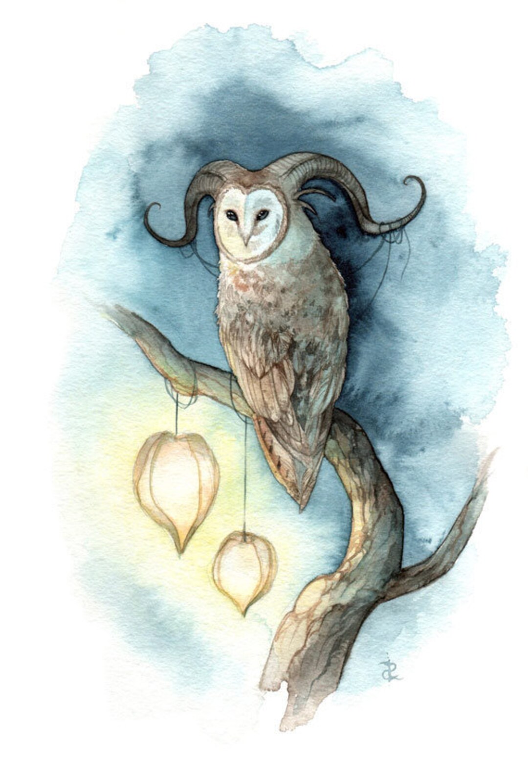 Horned Owl Watercolor Art Print, Bird Art, Fantasy Art, Mystical Art ...