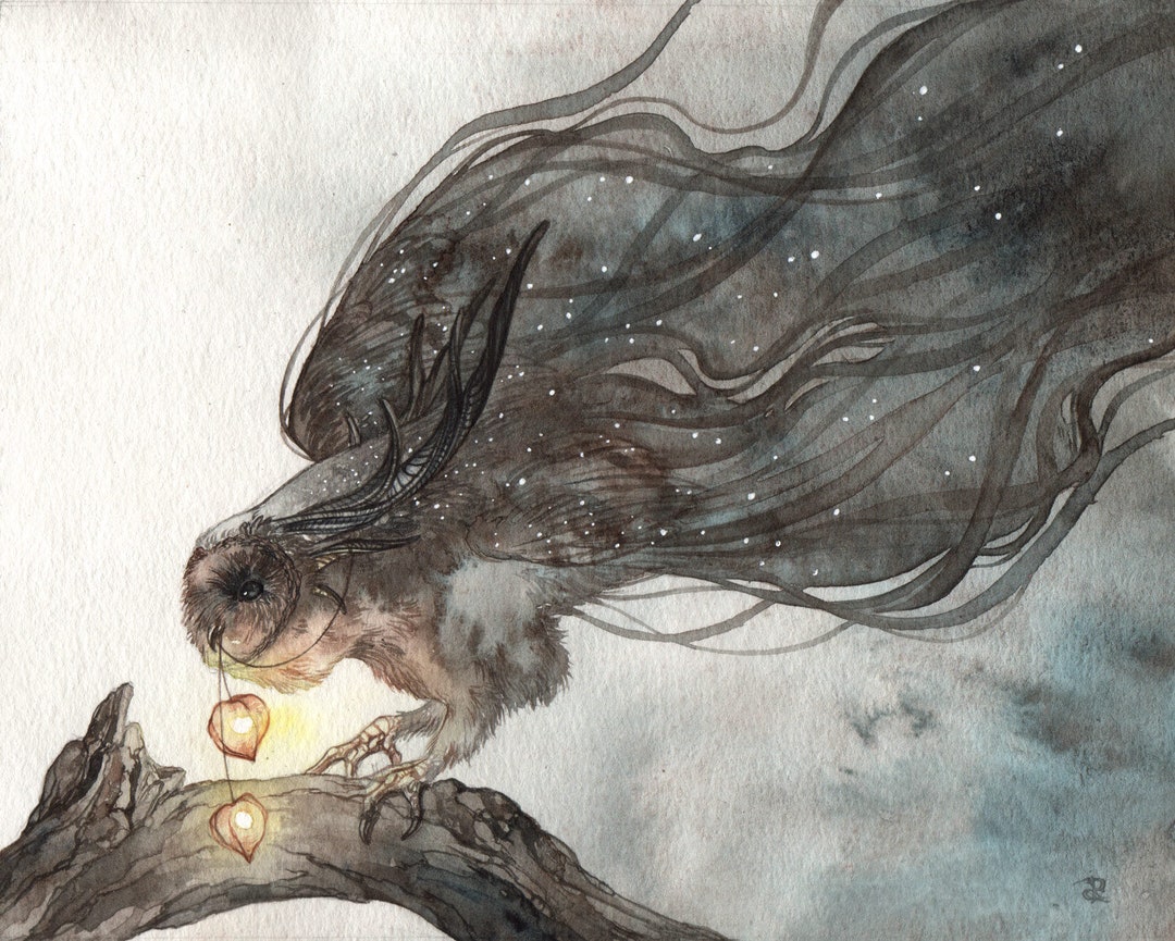Twilight - Watercolor Art Print, Fantasy Art, Fae Art, Bird Art, Owl ...