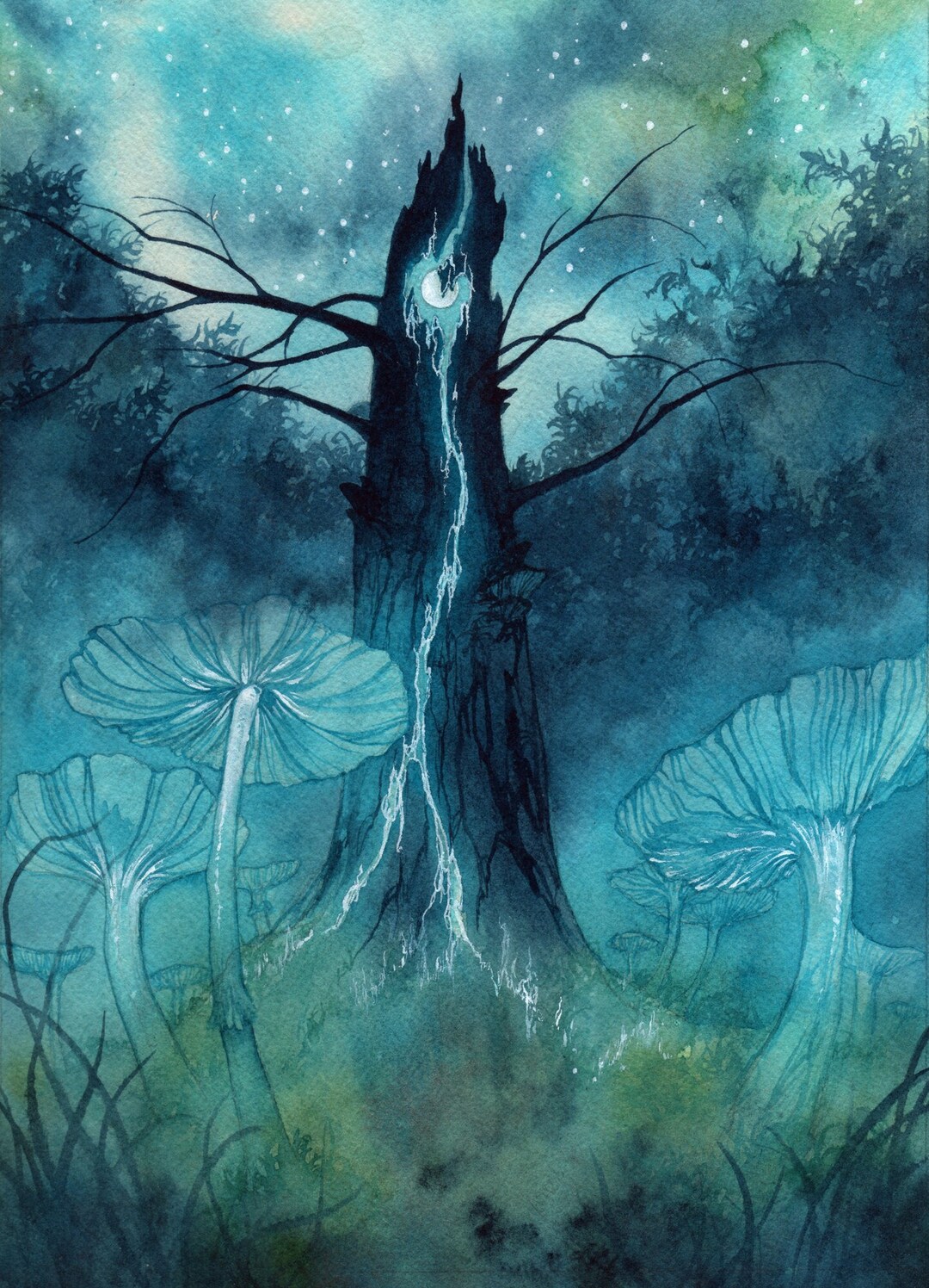 Tower Tree- Watercolor Art Print, Fantasy Art, Mushroom Art, Mystical ...