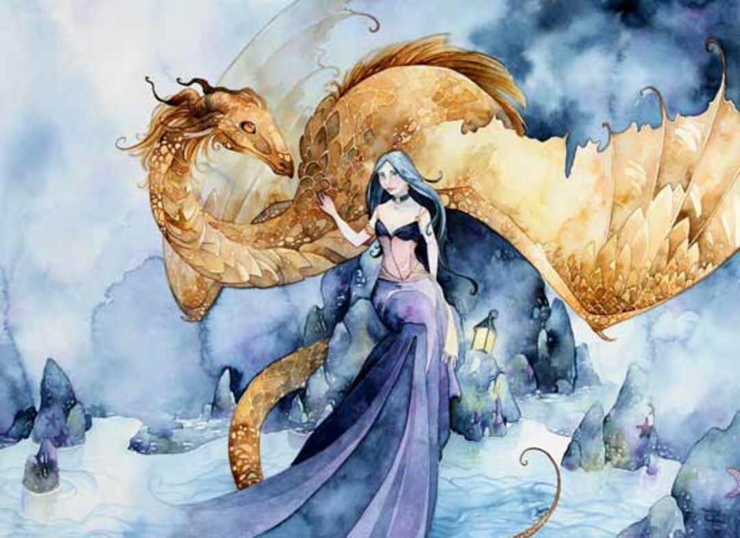 Miss Cubbidge and the Dragon- Watercolor Art Print, Dragon and Maiden ...