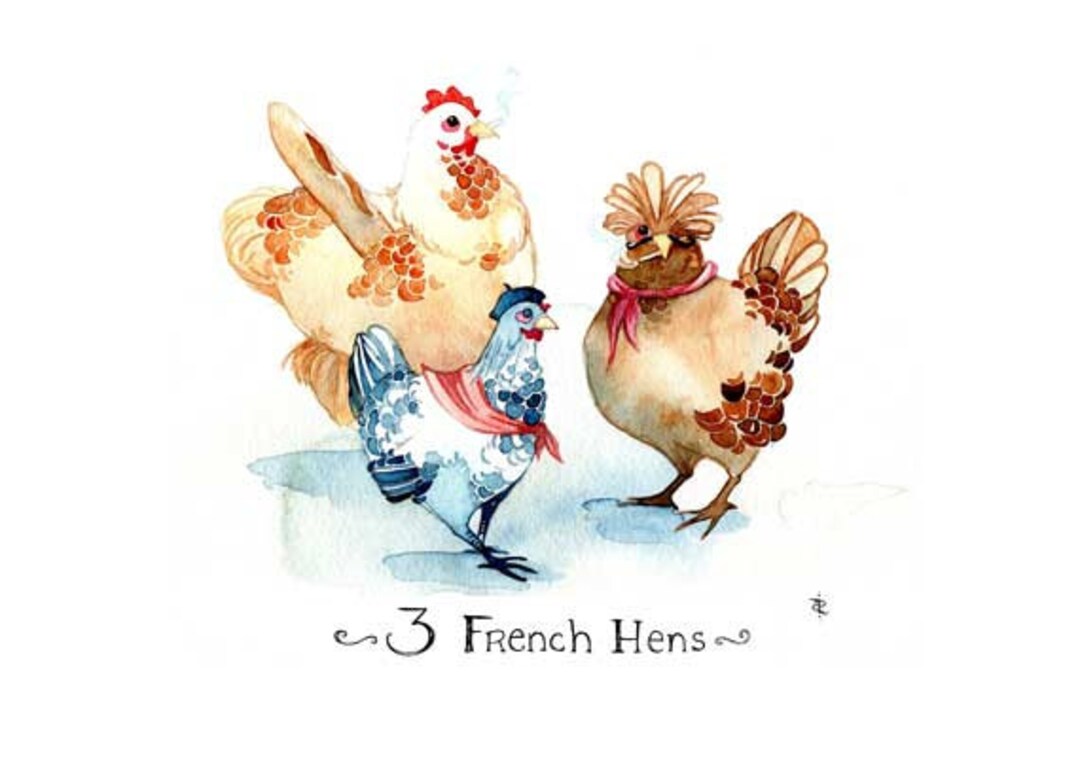 Three French Hens- Greeting Card, Cute Cards for Friends, Cute Animal ...