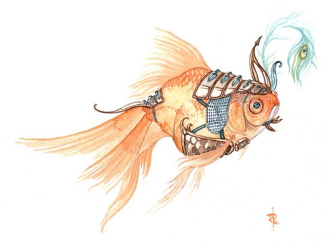 Battle Goldfish Watercolor Art Print, Fantasy Art, Fantasy Animal Art ...