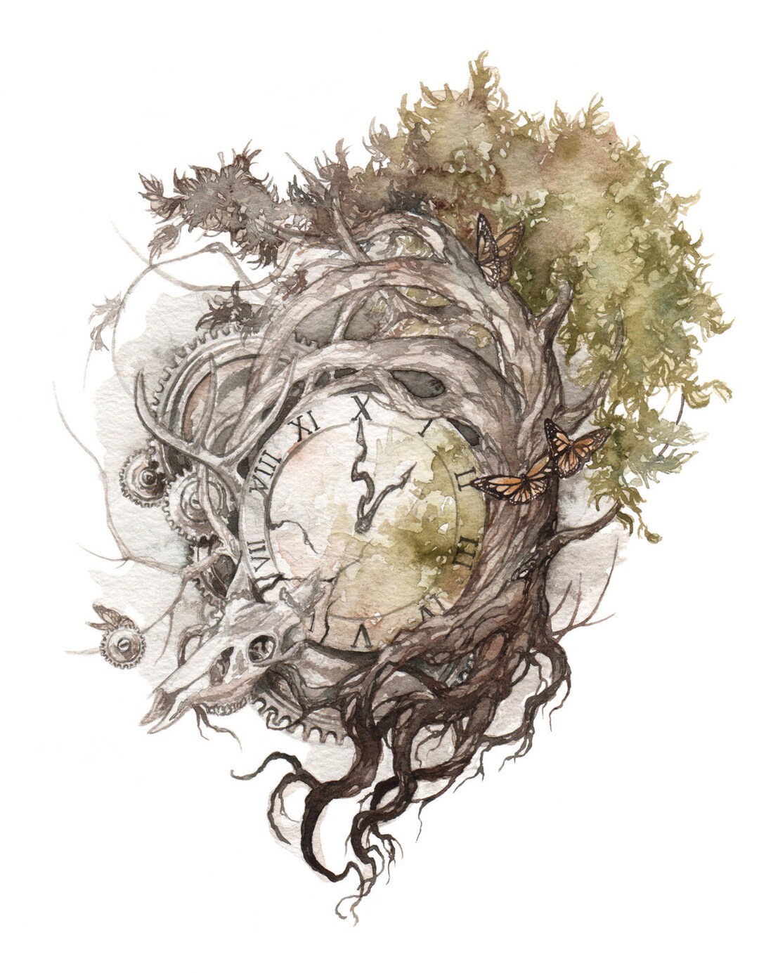 Countdown- Watercolor Art Print, Clock Art, Time Art, Fantasy Art, Tree ...