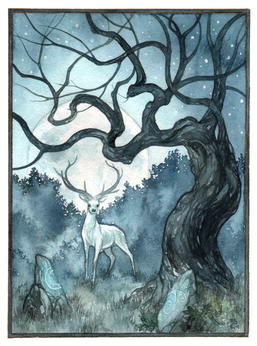 White Stag Watercolor Art Print, Fantasy Art, Nature Art Print, Forest ...