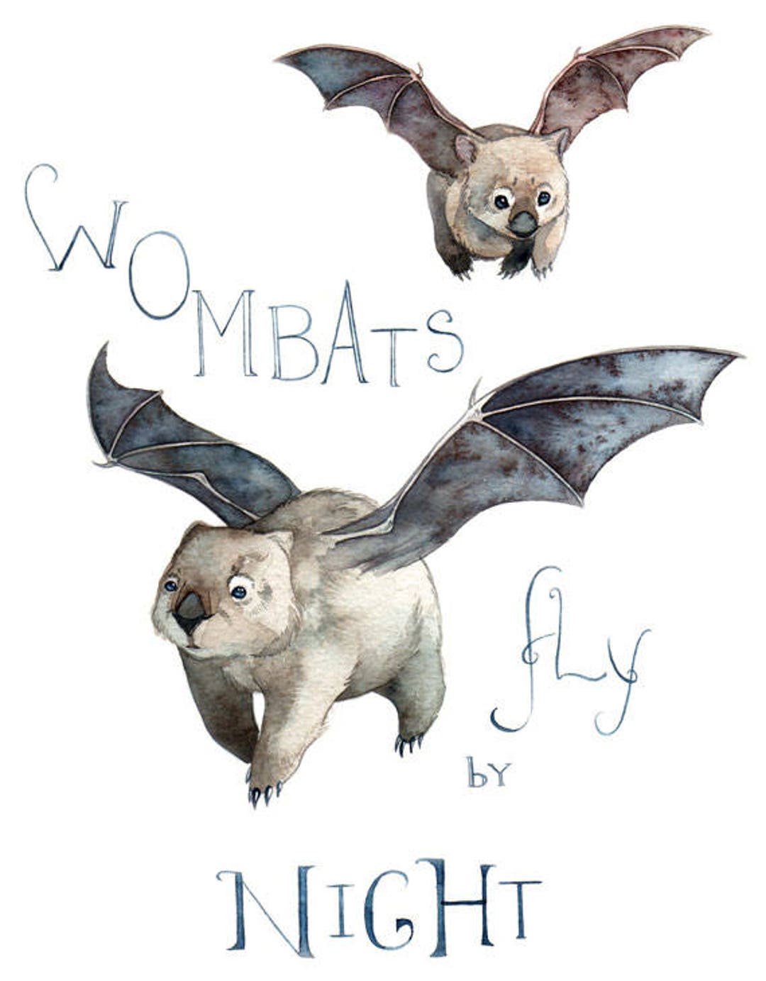 Wombats Fly by Night Watercolor Art Print, Animal Art, Funny Animals ...