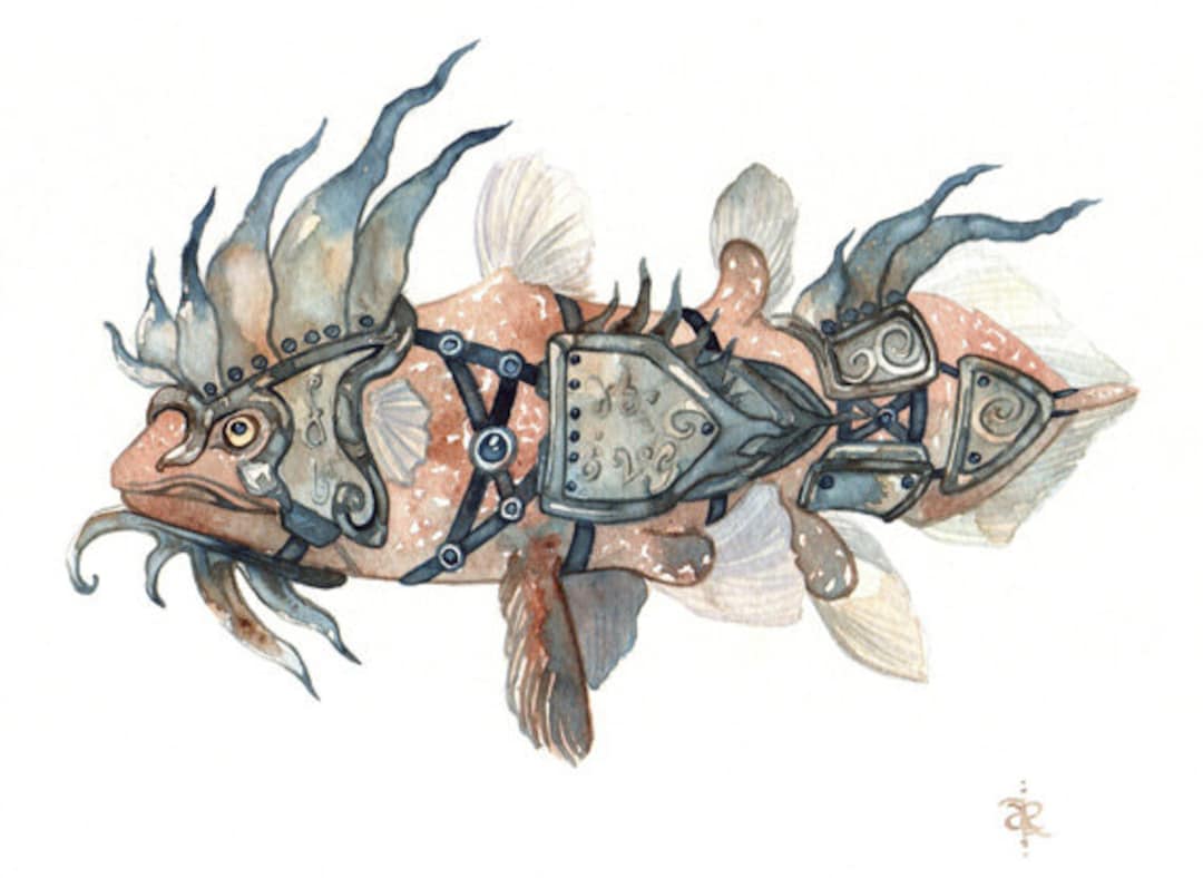 Battle Coelacanth - Watercolor Art Print, Fantasy Art, Fantasy Animal ...