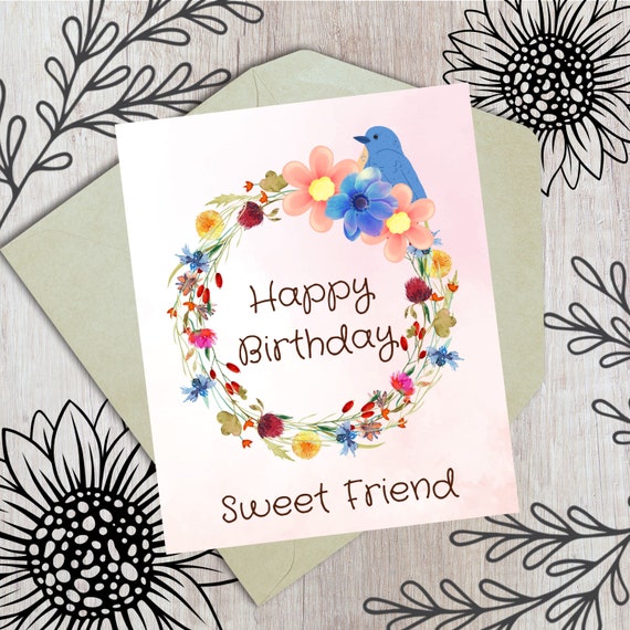 Happy Birthday Friend Printable Card Floral Design - Etsy