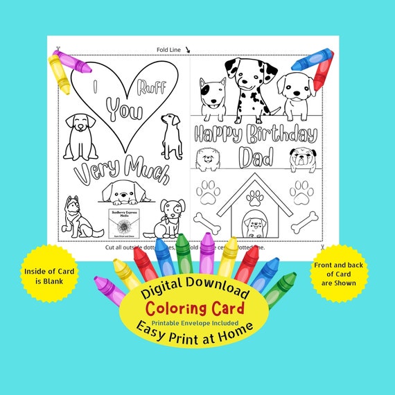 Happy Birthday Dad Coloring Card Dogs Puppies Digital - Etsy