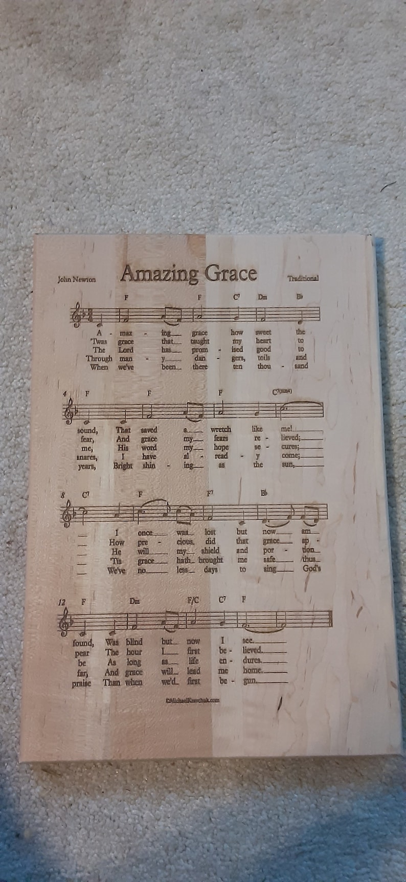 Amazing Grace Song Lyrics and Sheet Music. Laser Engraved Maple Wood ...