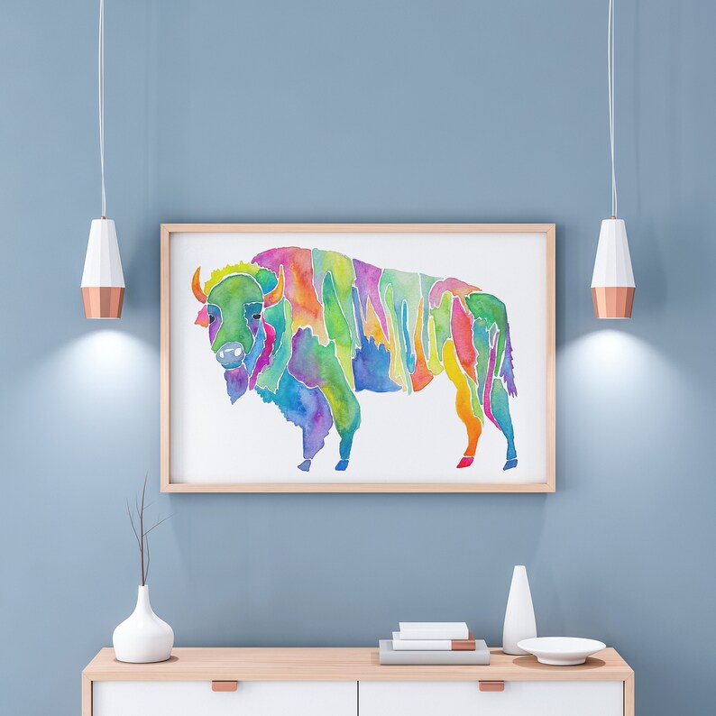Bison Art, Rainbow Wild, Colorful, Buffalo, Watercolor Art - Teal ...