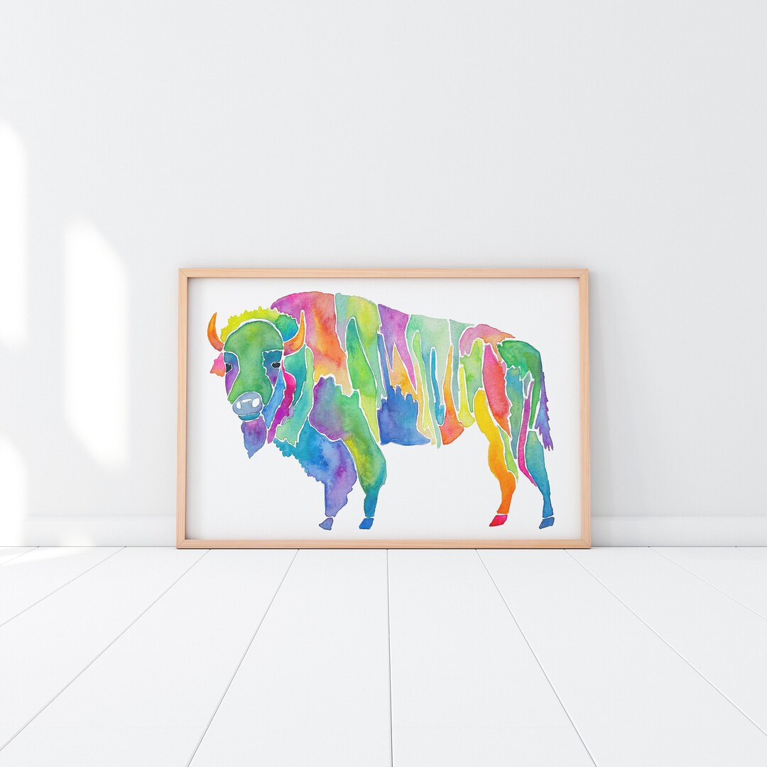 Bison Art, Rainbow Wild, Colorful, Buffalo, Watercolor Art - Teal ...