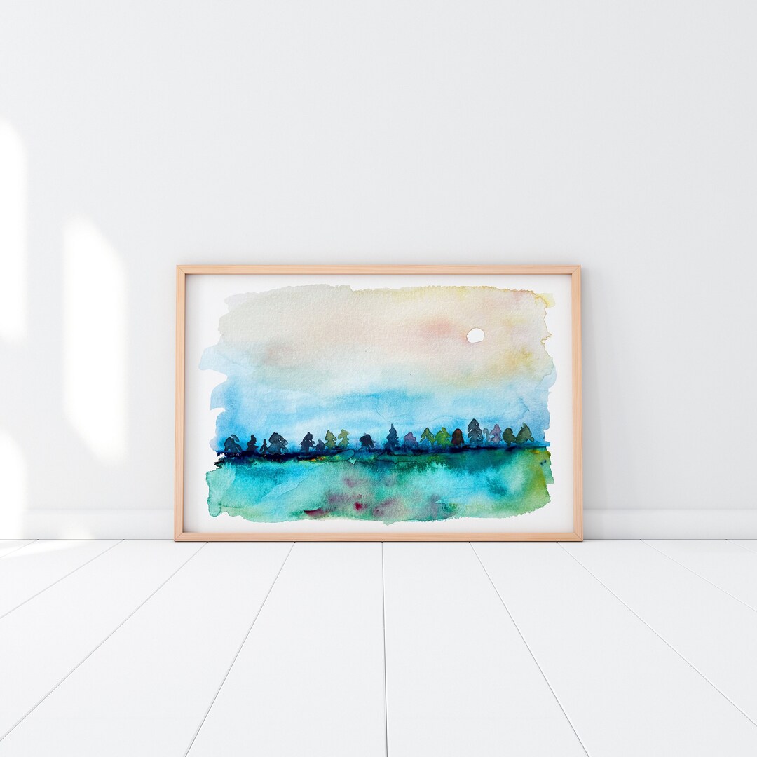 Forest Treeline Painting Art Print, Landscape Nature Wall Art, Colorful ...