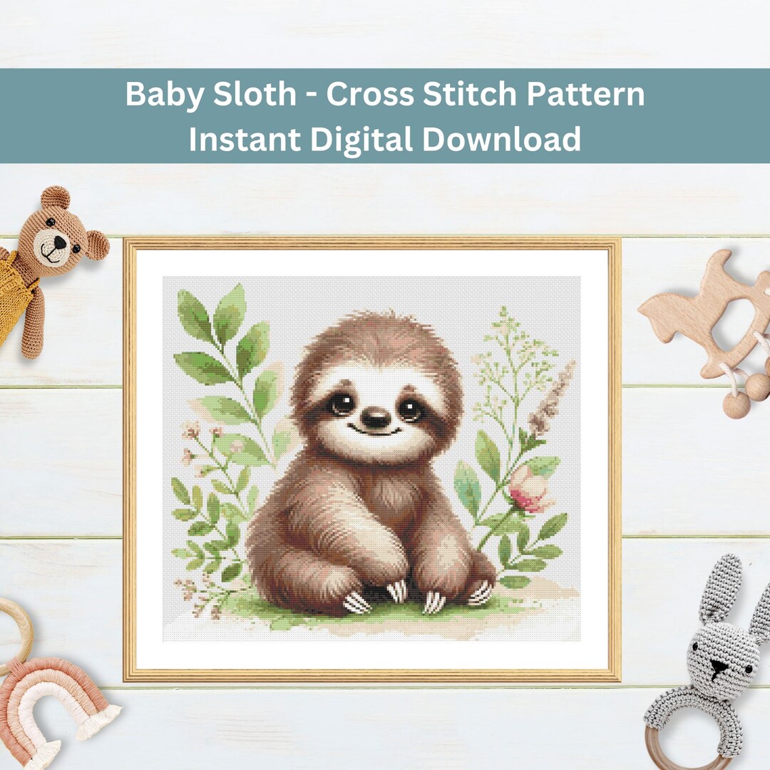 Baby Sloth Cross Stitch Pattern | Watercolor Animal Cross-stitch Chart ...