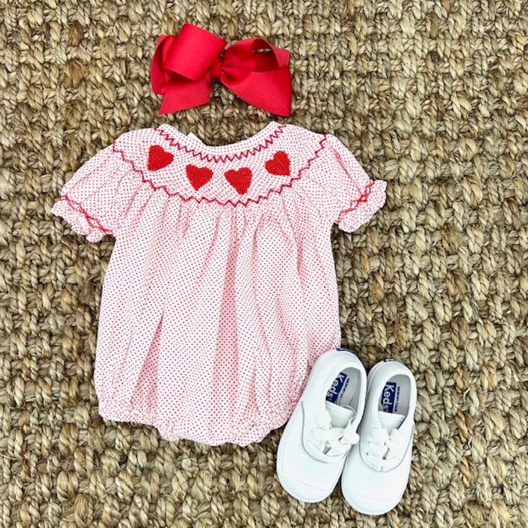 Valentine Smocked Bubble Romper Red Hearts on Red Polka Dot, Smocked ...
