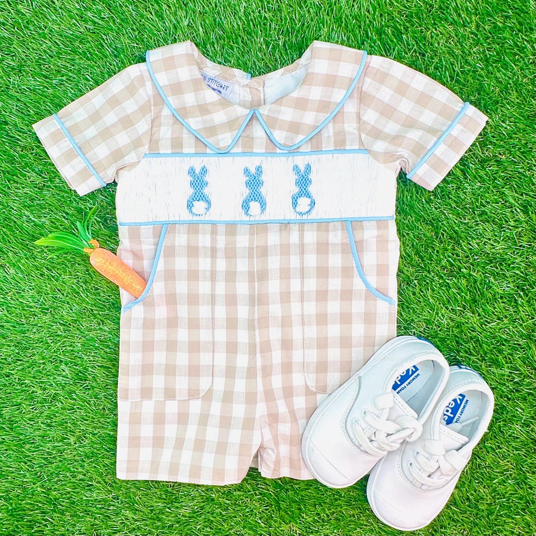 Smocked Easter Bunny Shortall on Tan Gingham - Vintage Style, Heirloom ...
