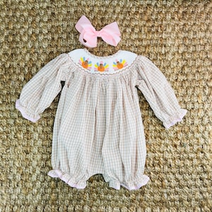 Turkey Smocked Bubble for Thanksgiving - Tan and Pink, Matching Sibling Options, Long Sleeve ...