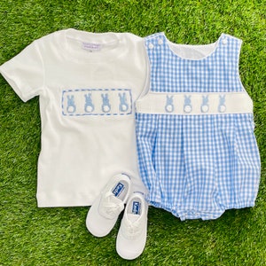 Bunny Smocked Boy's Bubble in Blue Gingham - Easter Boy Outfit, Spring ...