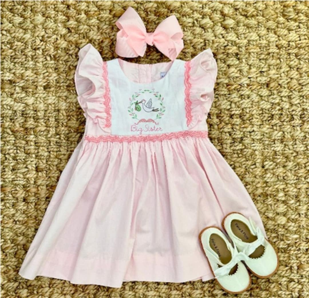 Sister Smocked Avignon Dress - Embroidered Stork on Pink With Flutter ...