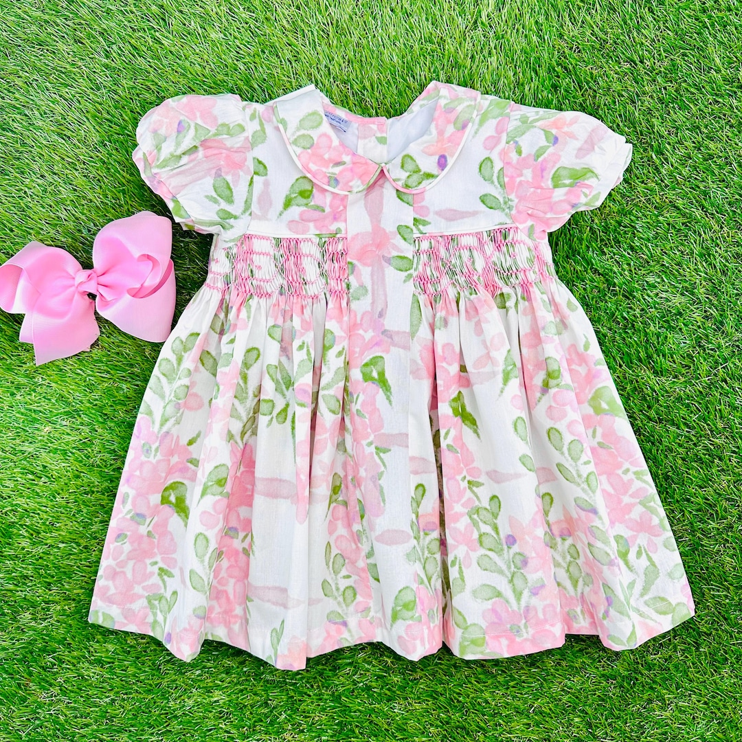 Smocked Charlotte Dress in Watercolor Floral Print - Easter, Pink ...