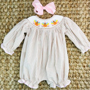 Turkey Smocked Bubble for Thanksgiving - Tan and Pink, Matching Sibling Options, Long Sleeve ...