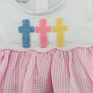 Cross Knot Smocked Bubble Romper in Pink Seersucker- Easter French Knot ...