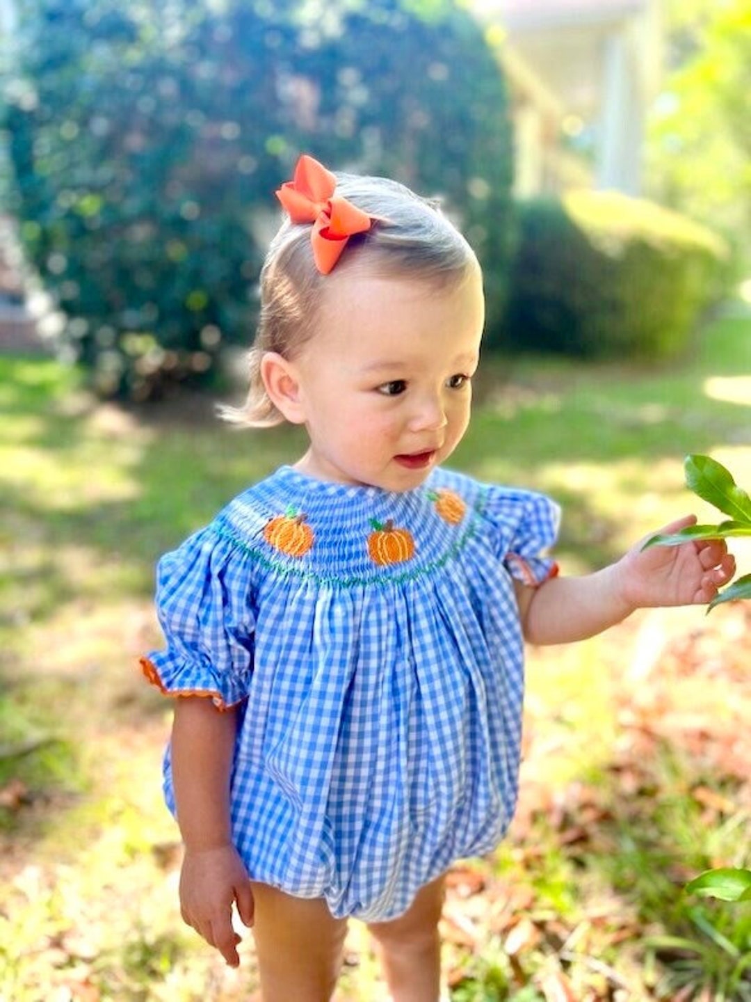 Smocked Pumpkin Bubble Romper in Blue Gingham - Halloween, Thanksgiving, Fall, Bishop Style ...