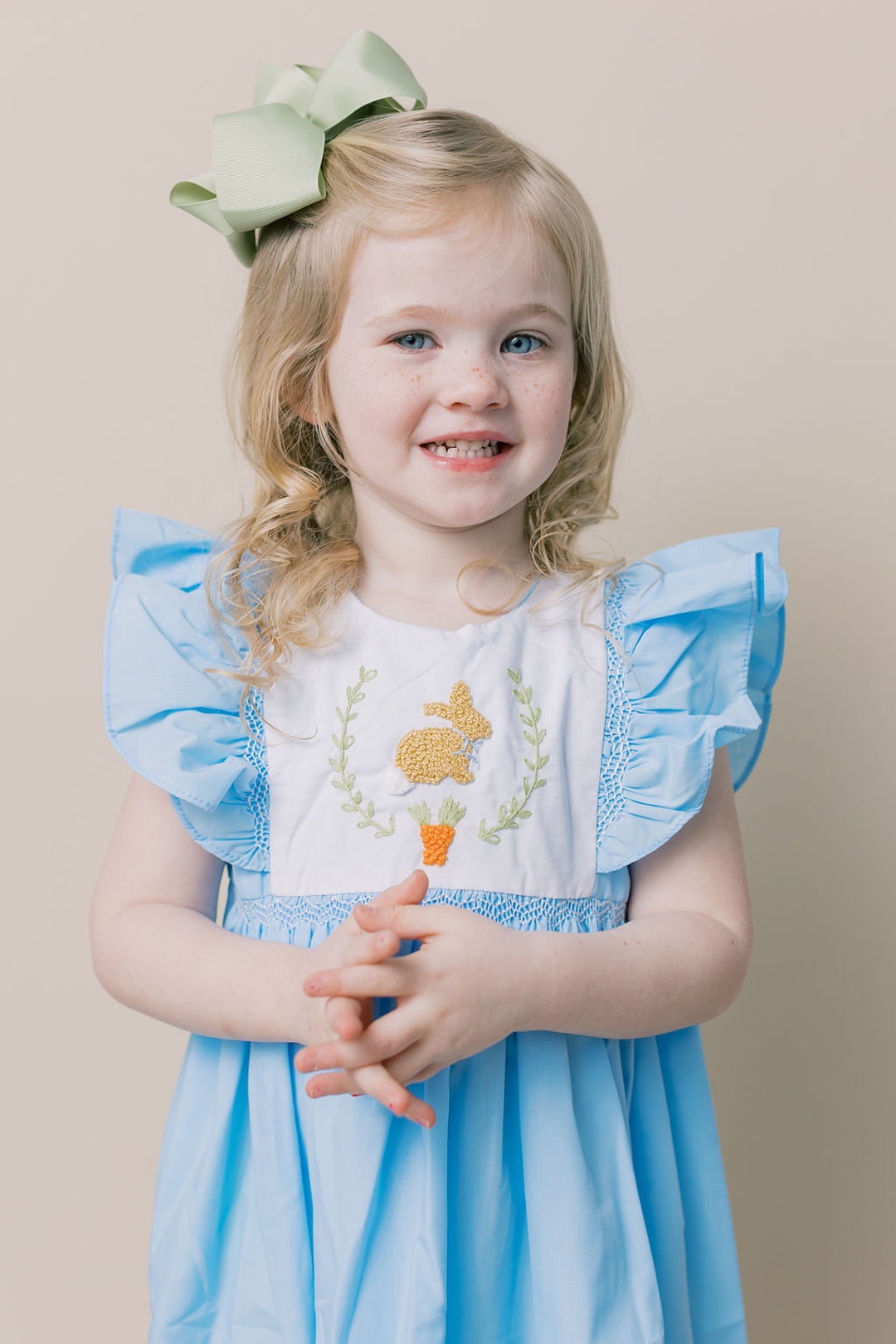 Easter Smocked Avignon Dress With French Knot Bunny on Blue! Easter ...