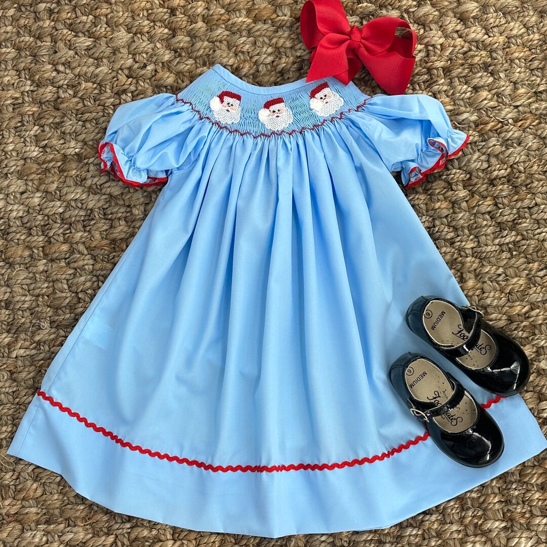 Santa Christmas Dress Smocked on Blue Bishop Style, Baby Girl, Holiday ...