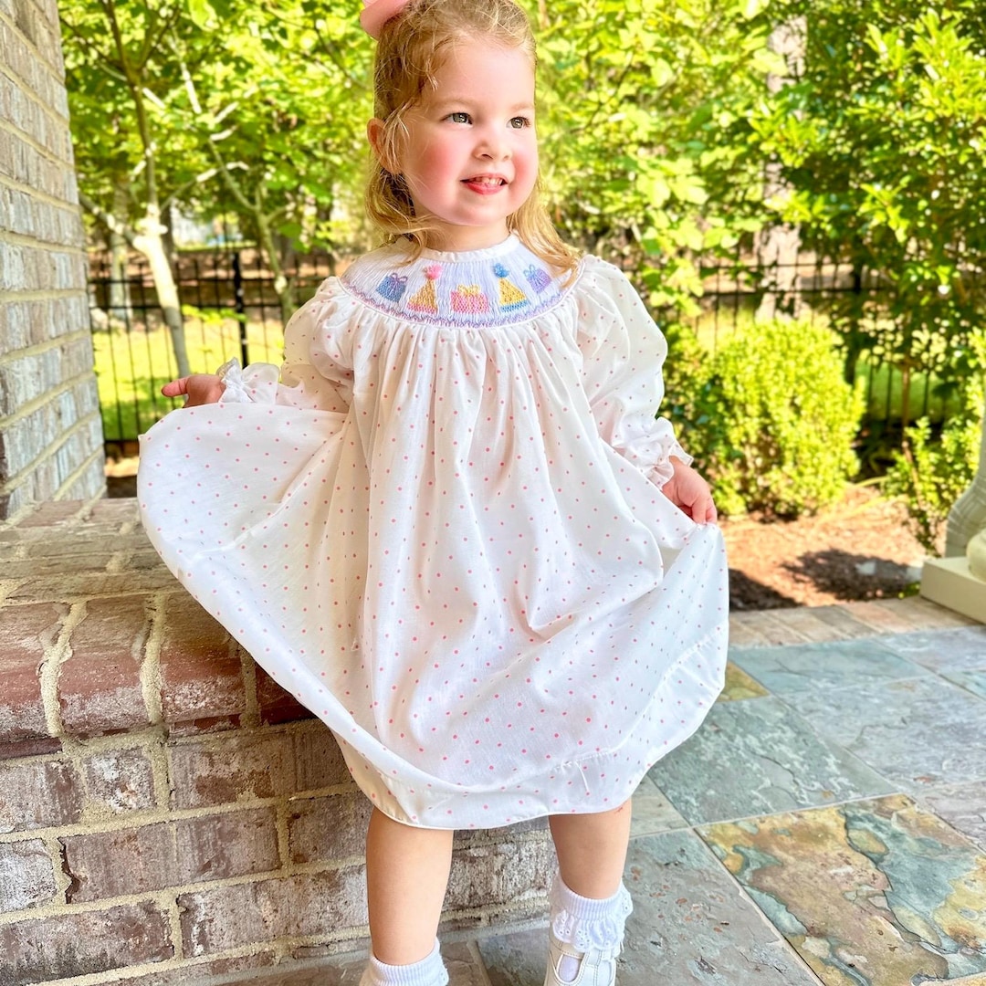 Birthday Smocked Dress in Polka Dot - Long Sleeve-birthday Party Outfit ...