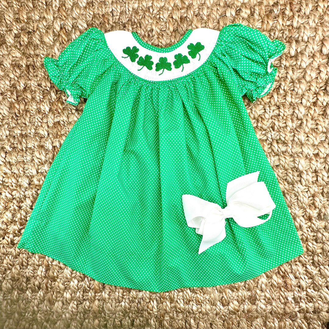 Smocked Shamrock Dress in Green With White Polka Dots, St. Patrick's ...