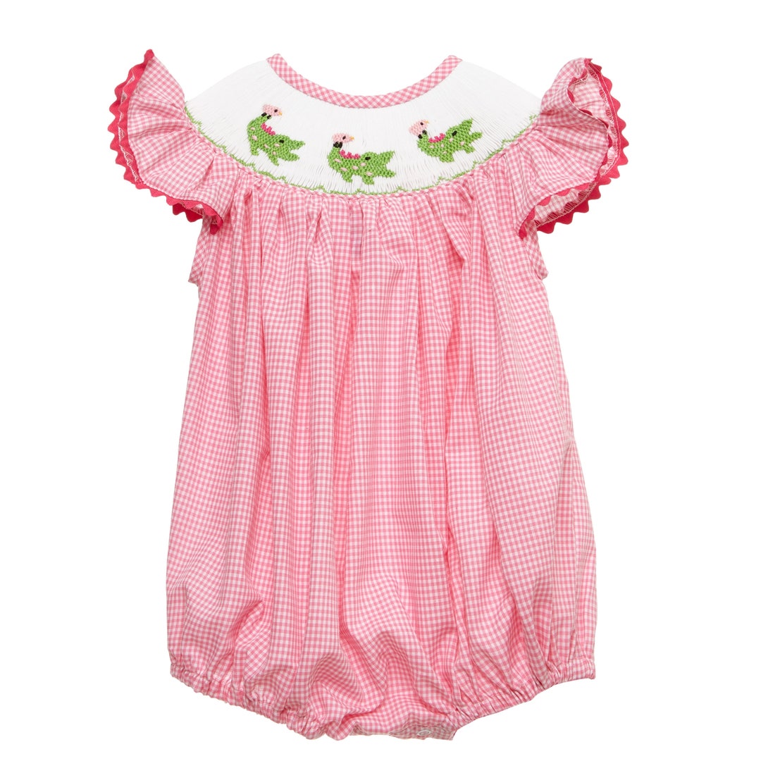Smocked Alligator Bubble Romper in Pink Gingham Baby Girl, Summer ...