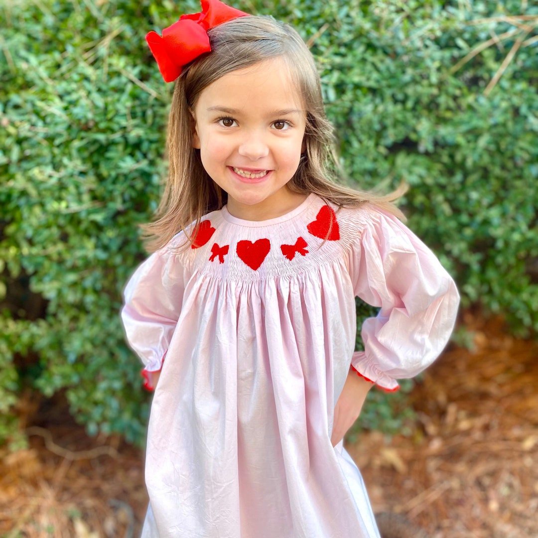 Valentine Smocked Dress - Long-sleeve With Red Hearts on Pink! Bishop ...