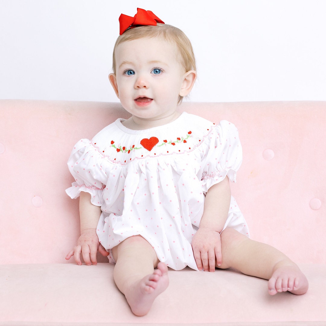 Smocked Bubble Lille Romper - Bow and Hearts on Polkadot - Valentine ...
