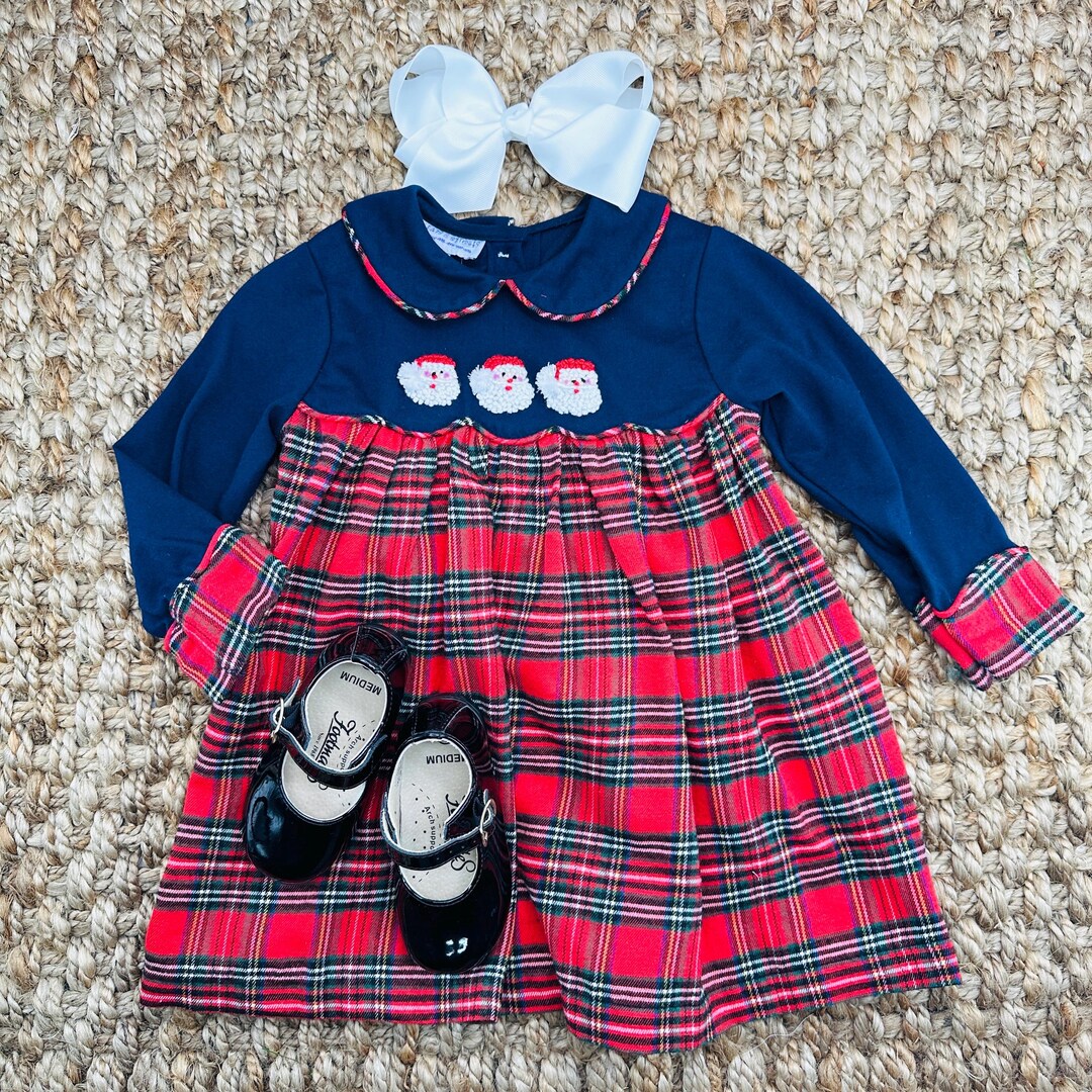 Santa Christmas Dress in Navy and Plaid - French Knot Santa, Heirloom ...